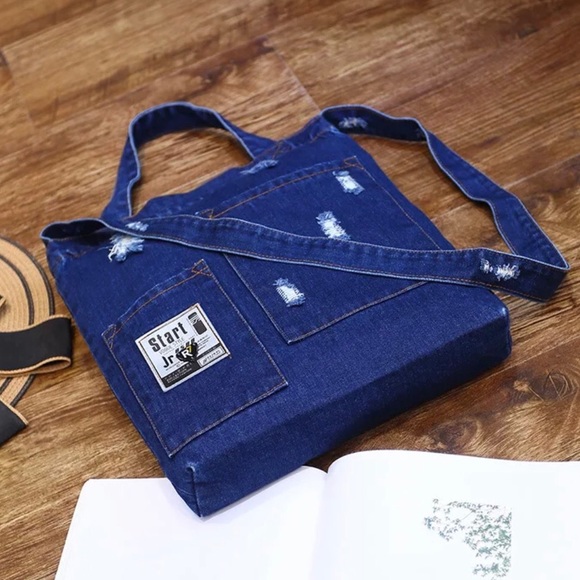 Bags | Denim Bag Shoulder Jean Distressed Ripped Handbag Light Blue ...